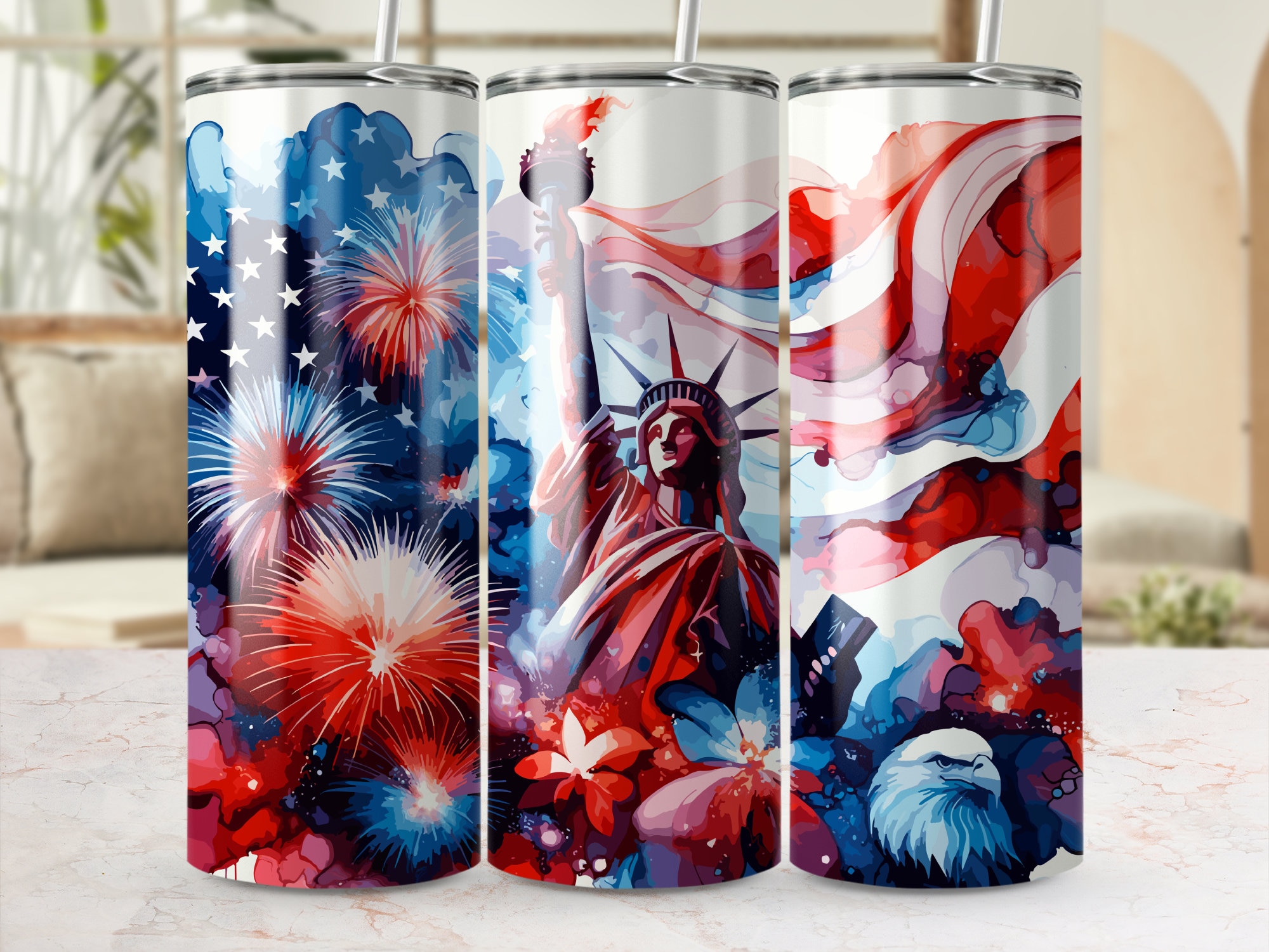 Patriotic Tumbler Cup With American Flag, Liberty, Eagle & Fireworks ...