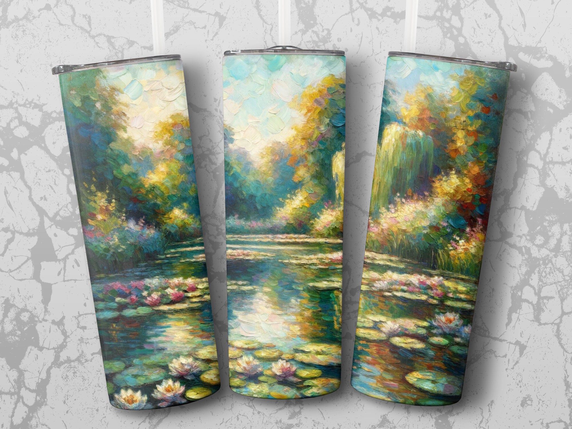 Impressionist Water Lilies Pond Art Tumbler, Vibrant Nature Scene ...