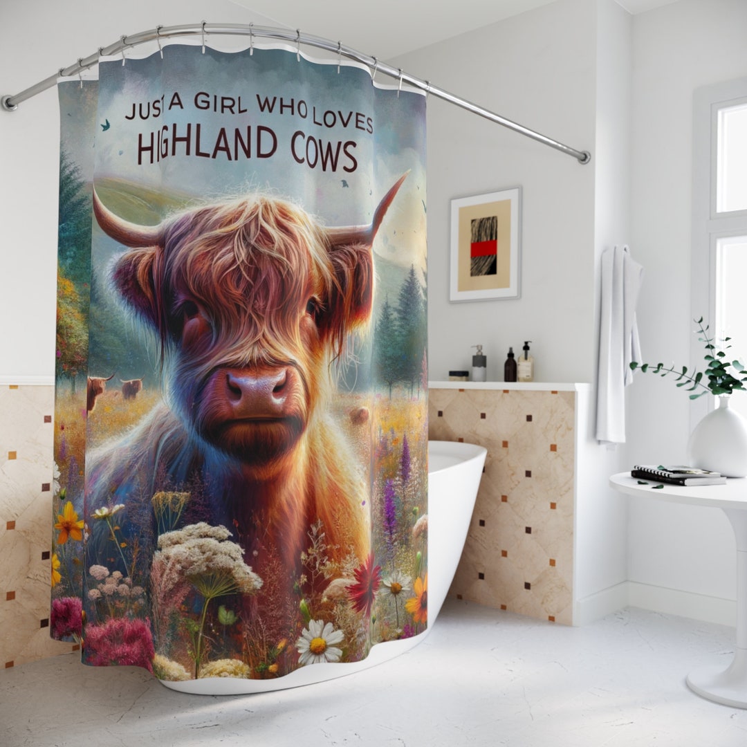 Just A Girl Who Loves Highland Cows Shower Curtain Vibrant Meadow ...