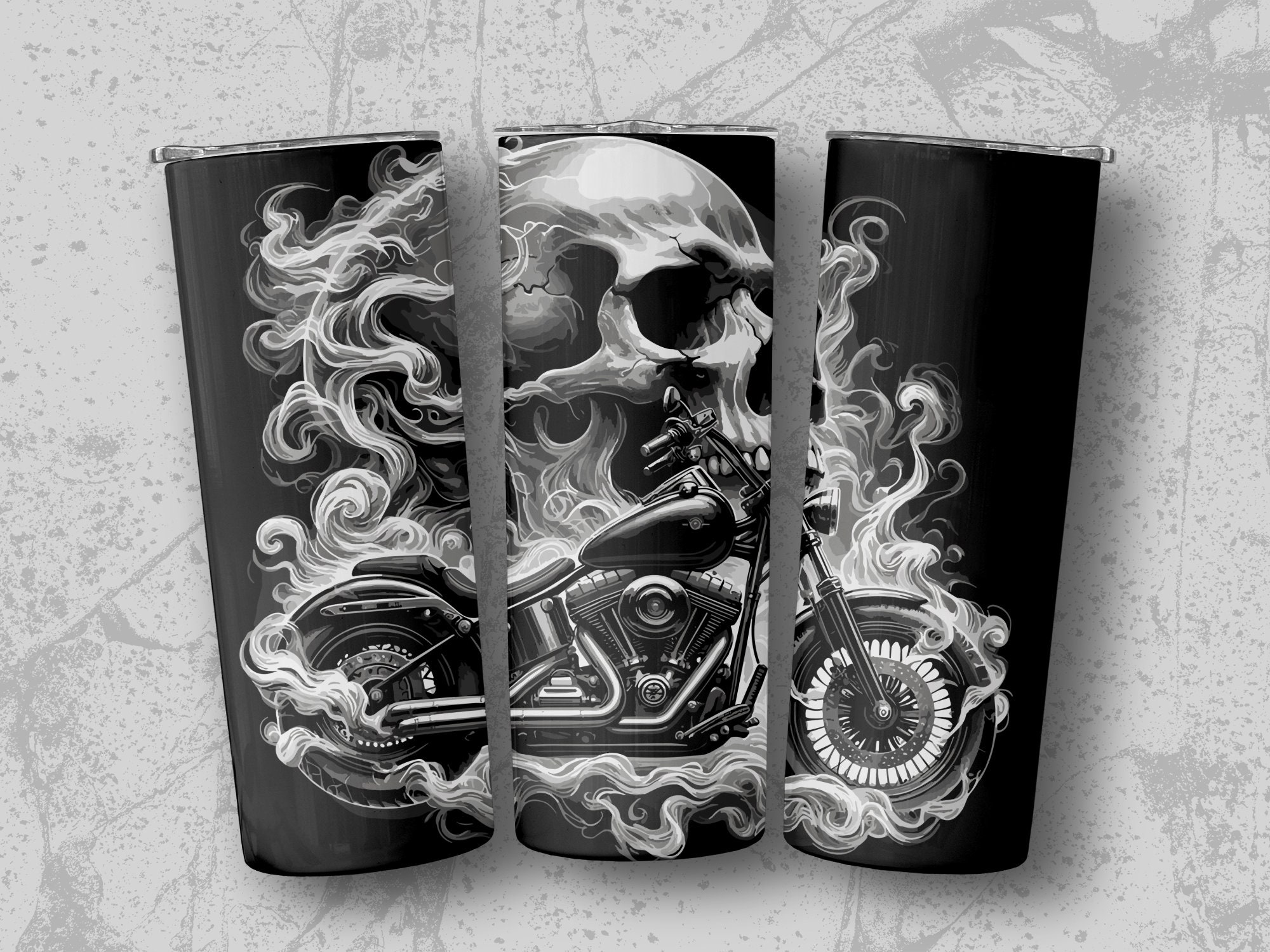 20oz Black and White Skull Motorcycle Tumbler Wrap Design - Straight ...