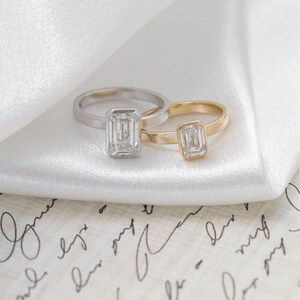 Classic Bezel Set Emerald Cut Solitaire Ring, Emerald Cut Moissanite Engagement Ring, Diamond ...