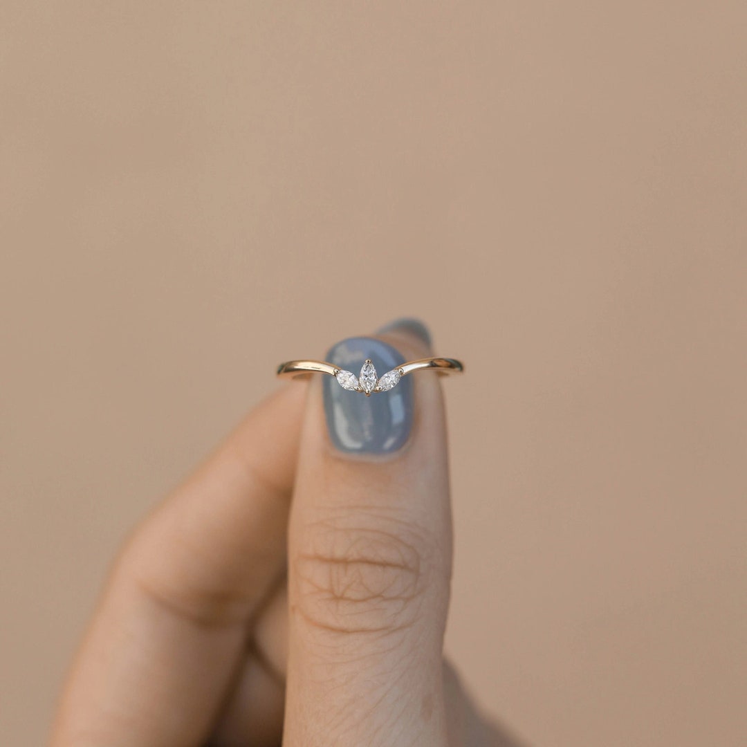 Marquise Three Stone Curved Moissanite Wedding Band, Stacking Nesting Ring, Delicate Ring ...