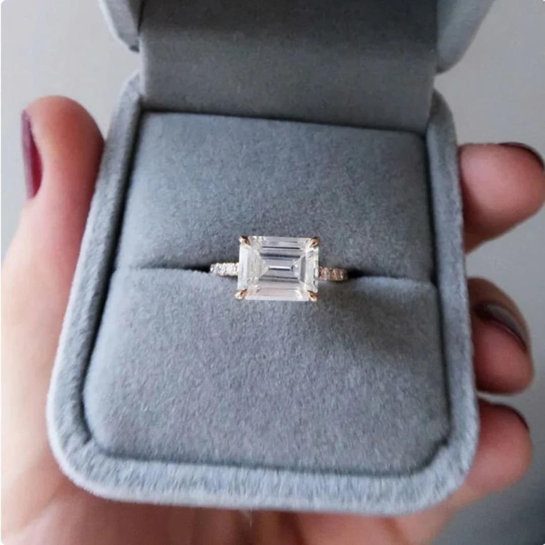 14K Gold East West Emerald Cut Ring, East West Engagement Ring, 10x8mm ...