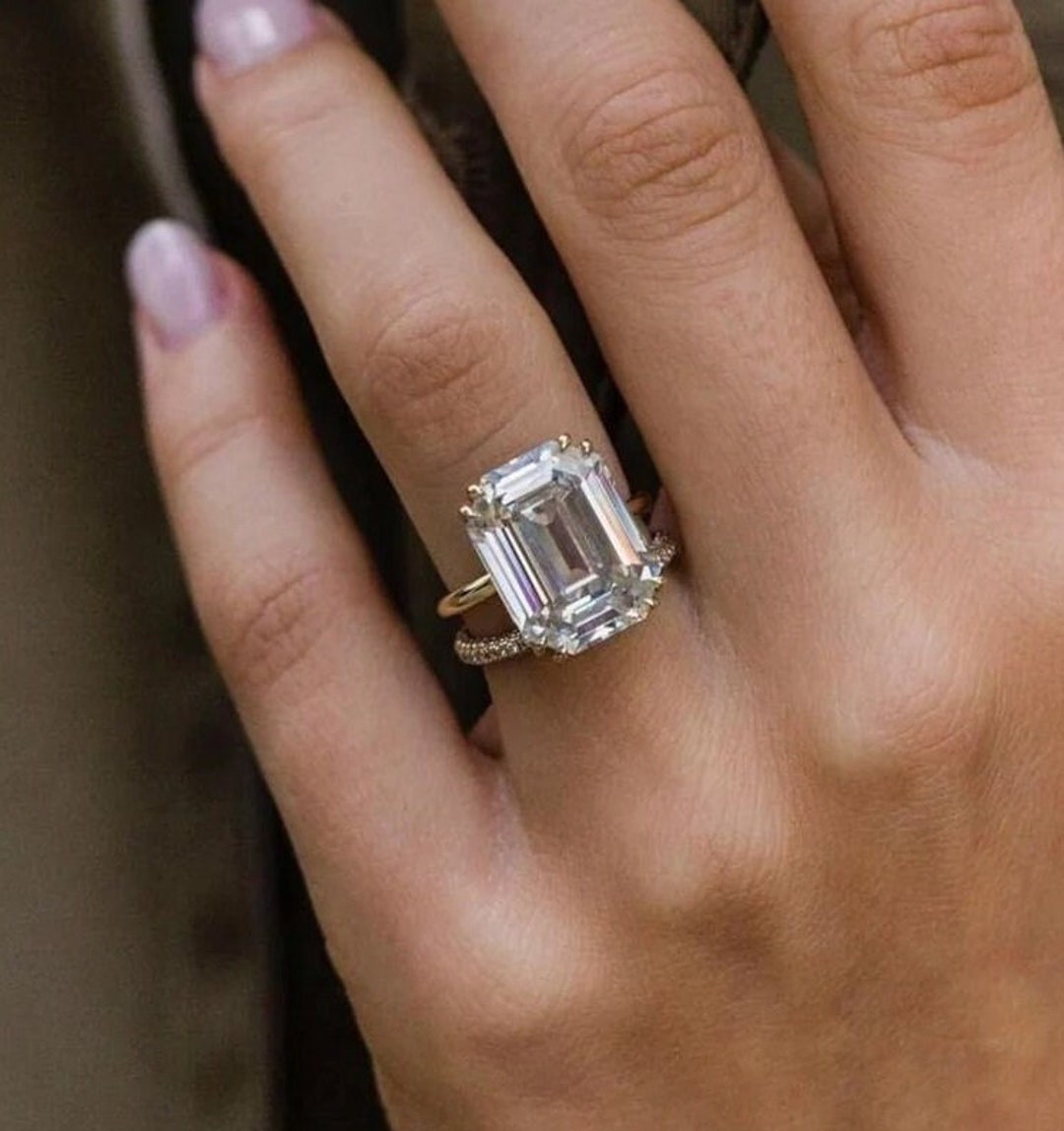 Double Claw Prong Solitaire Emerald Cut Ring, Emerald Cut Engagement ...