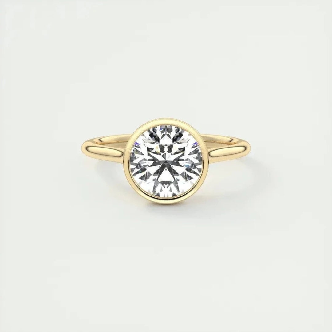 Round Cut Moissanite Bezel Set Engagement Ring, Round Solitaire Rings ...