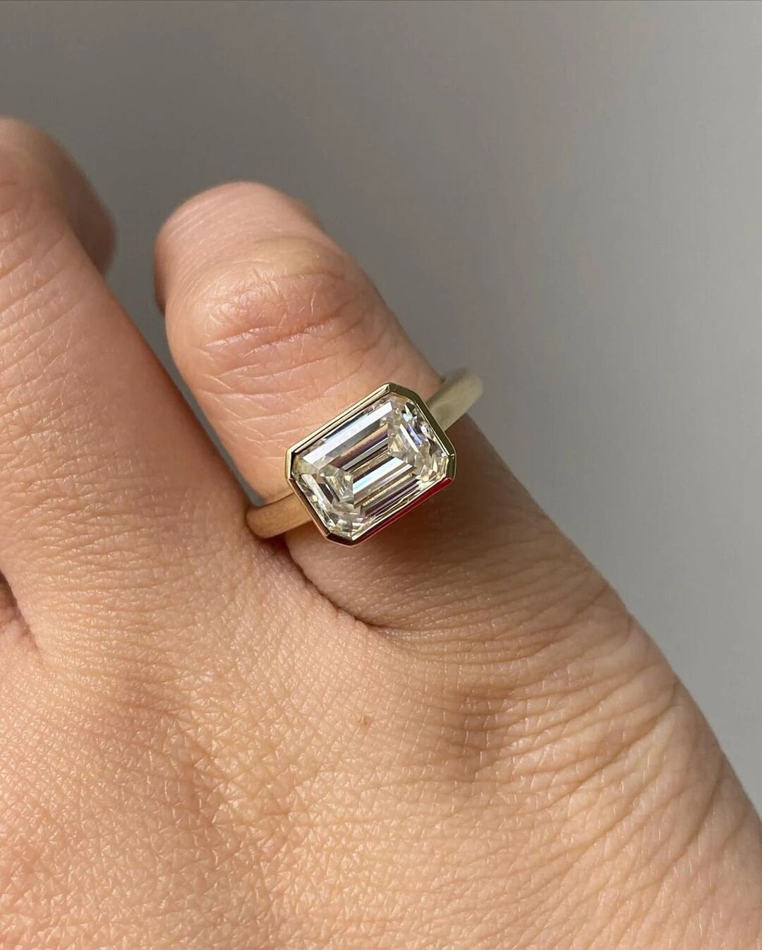Emerald Cut Bezel Set East West Solitaire Engagement Ring, Solitaire Emerald Diamond Ring, Bezel ...