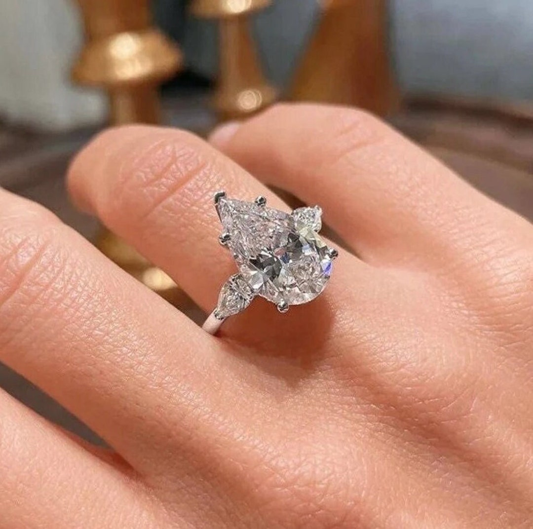 4 CT Pear Cut Moissanite Engagement Ring, Three Stone Ring, Pear ...