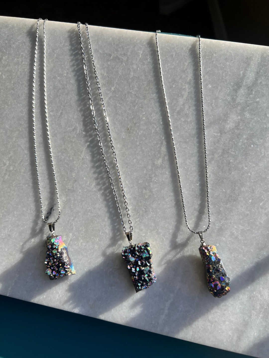 Rainbow Aura Quartz Druzy Necklace | Rainbow Crystal | Stainless Steel ...