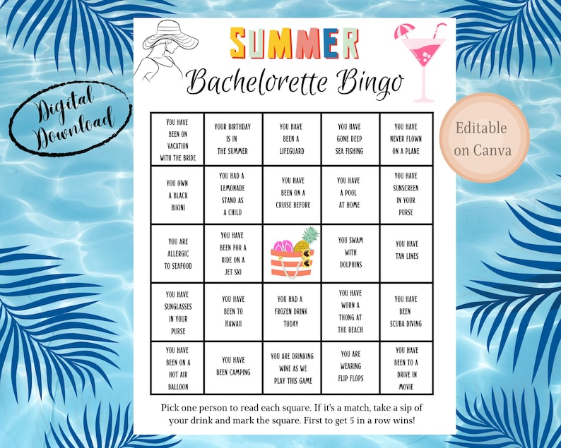 Bachelorette Bingo Game Summer Edition Editable Canva Template