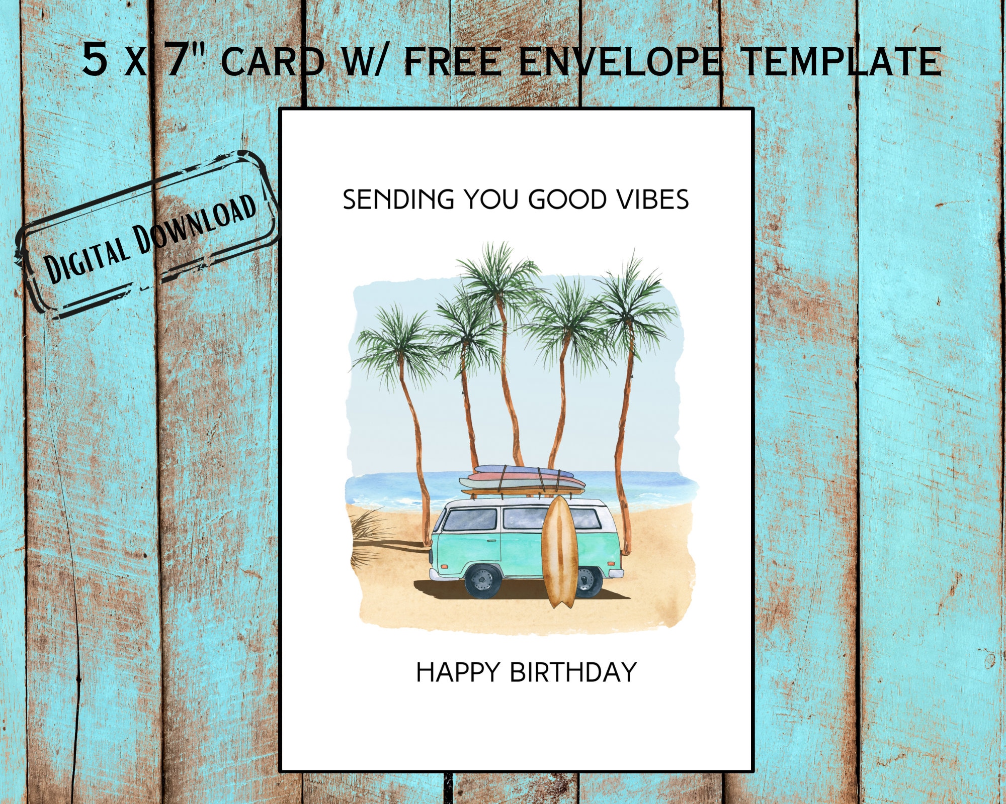 Good Vibes Beach Birthday Card | Vintage Beach Greeting | Surfing ...