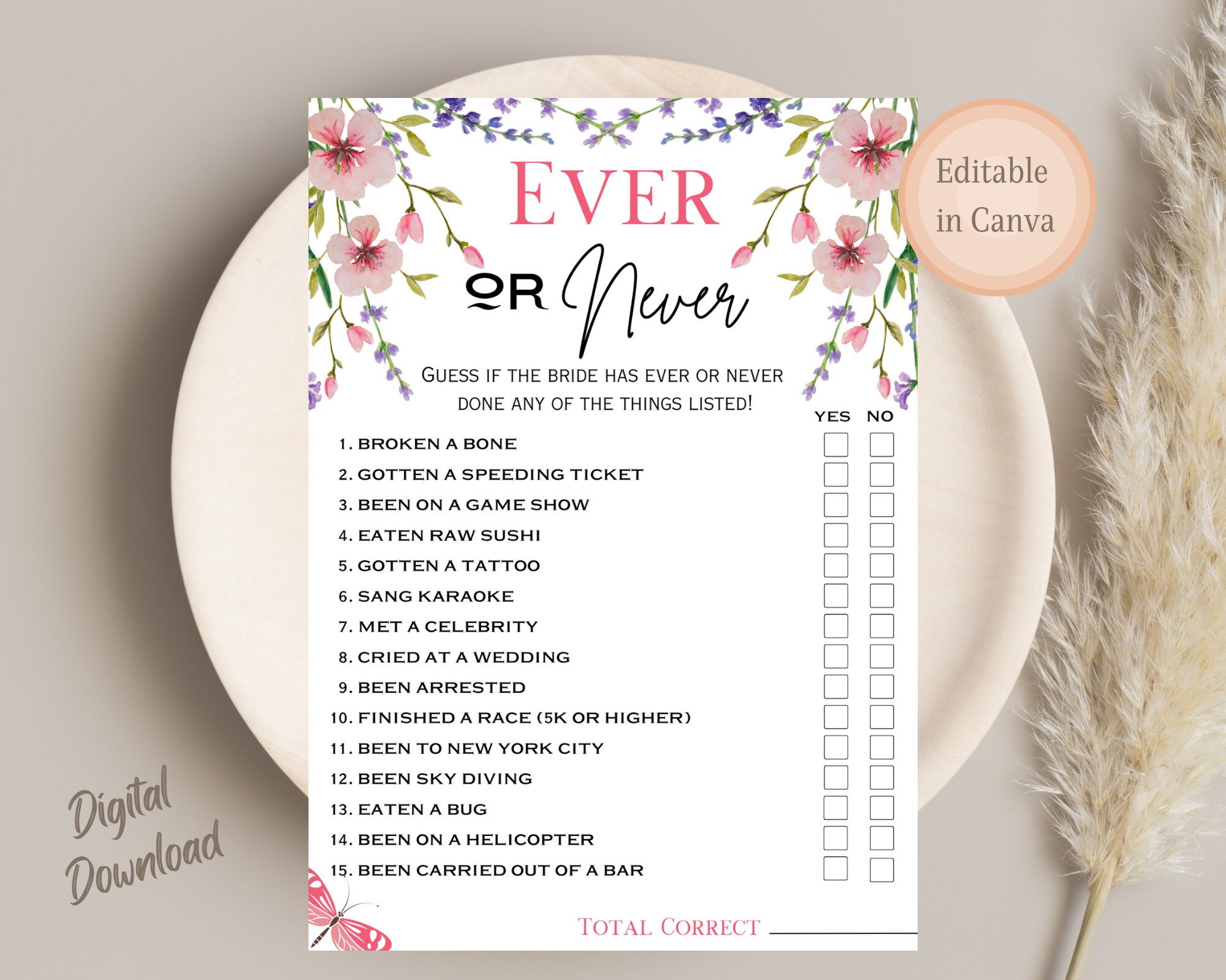 Bridal Shower Game Ever or Never Editable Template Bachelorette Party ...