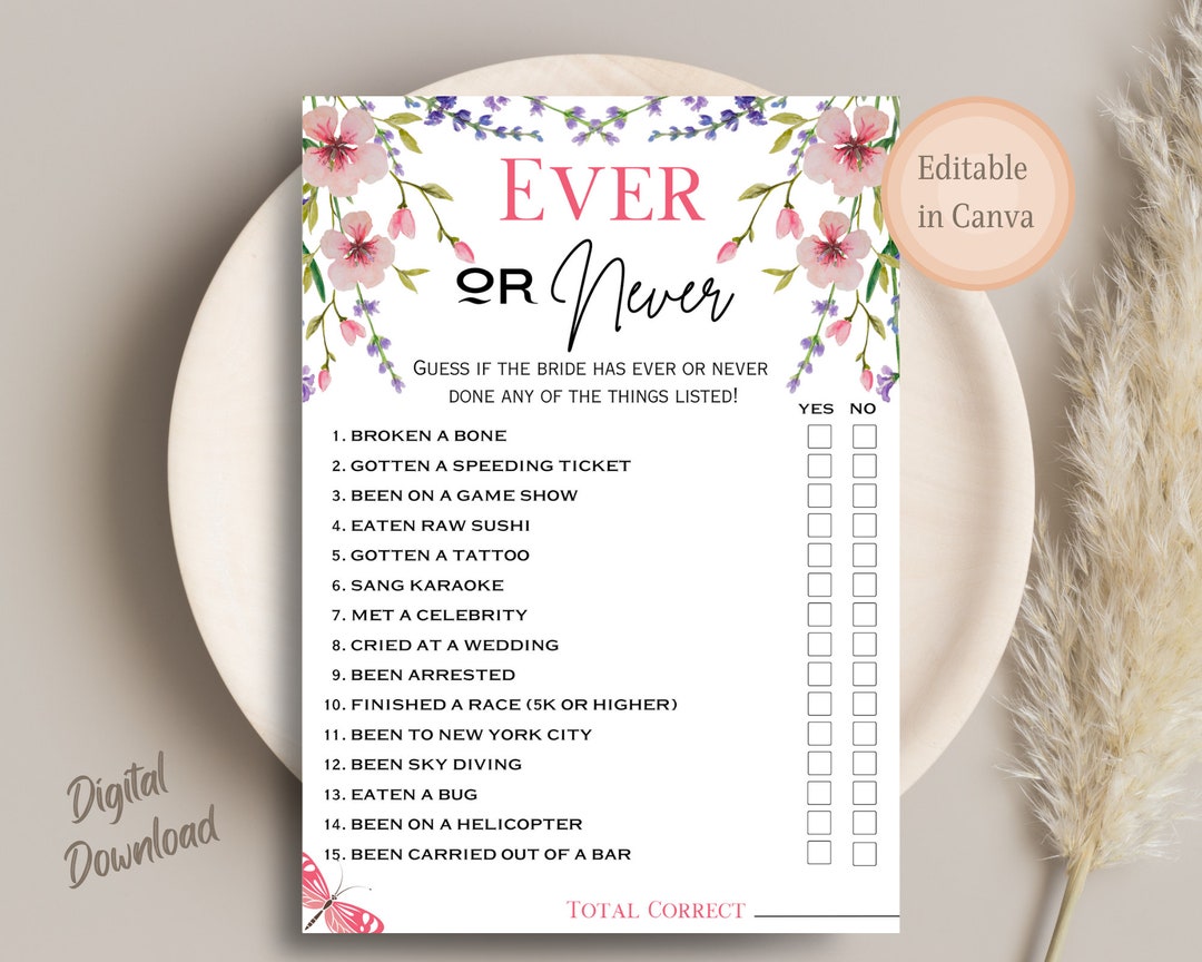 Bridal Shower Game | Ever or Never | Editable Template | Bachelorette ...