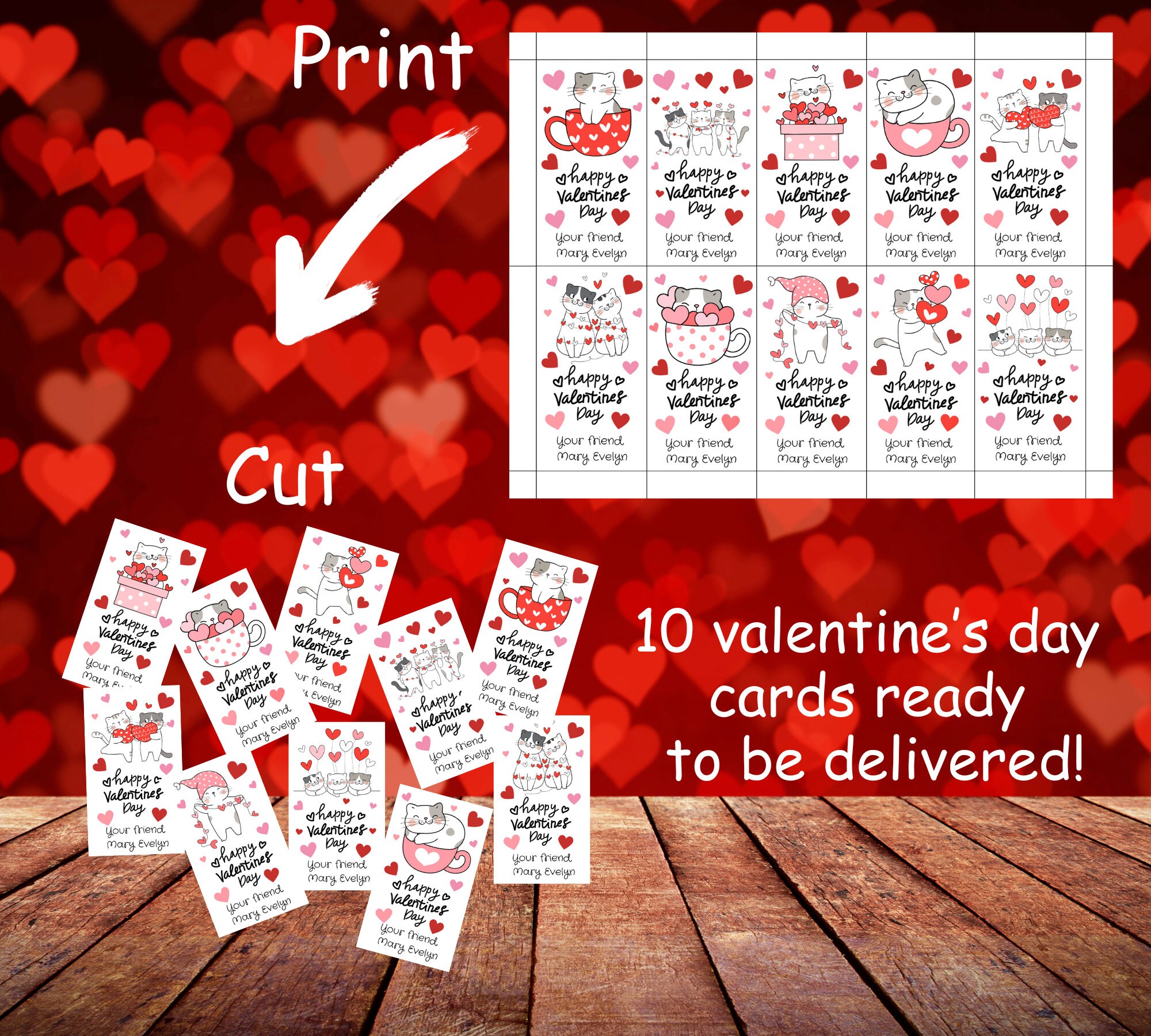 Printable Cat Valentine's Day Cards Class Party Valentine Greetings ...