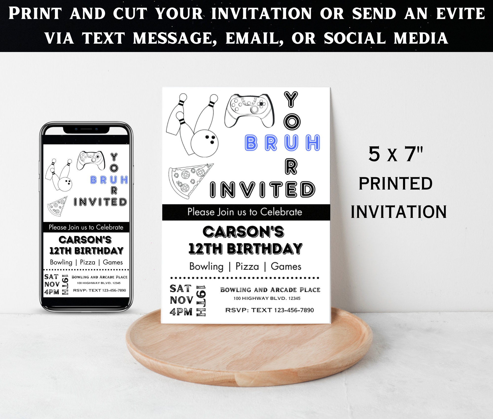 Bruh Birthday Party Invitation Editable Invite Bowling Party Invitation ...