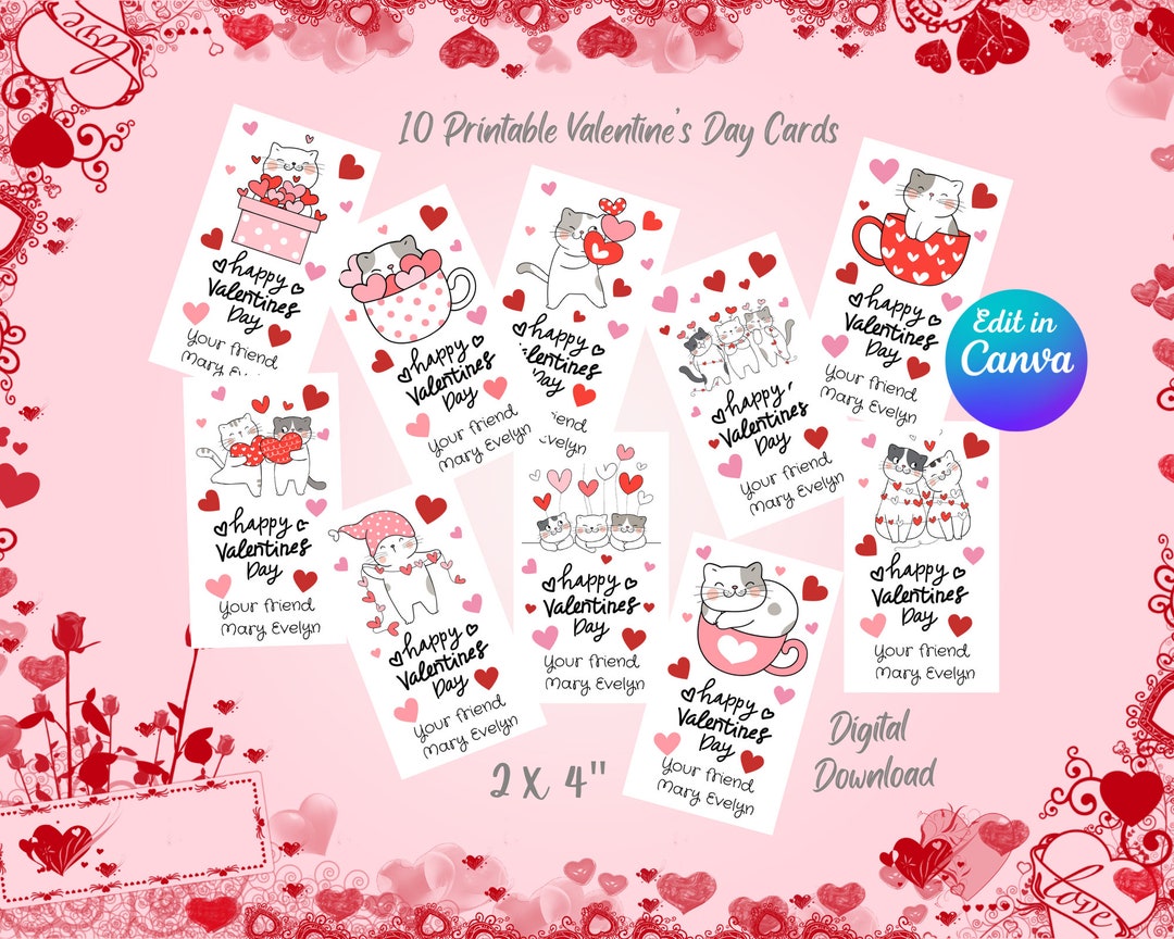 Printable Cat Valentine's Day Cards Class Party Valentine Greetings ...
