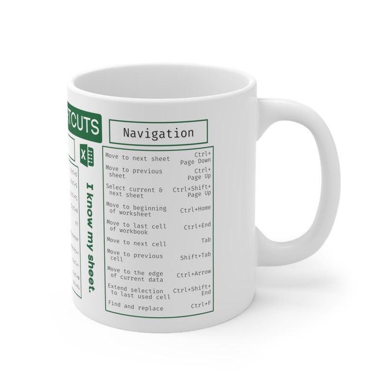 Excel Shortcuts Mug, Excel Cheat Sheet Mug, Excel Spreadsheet Mug ...