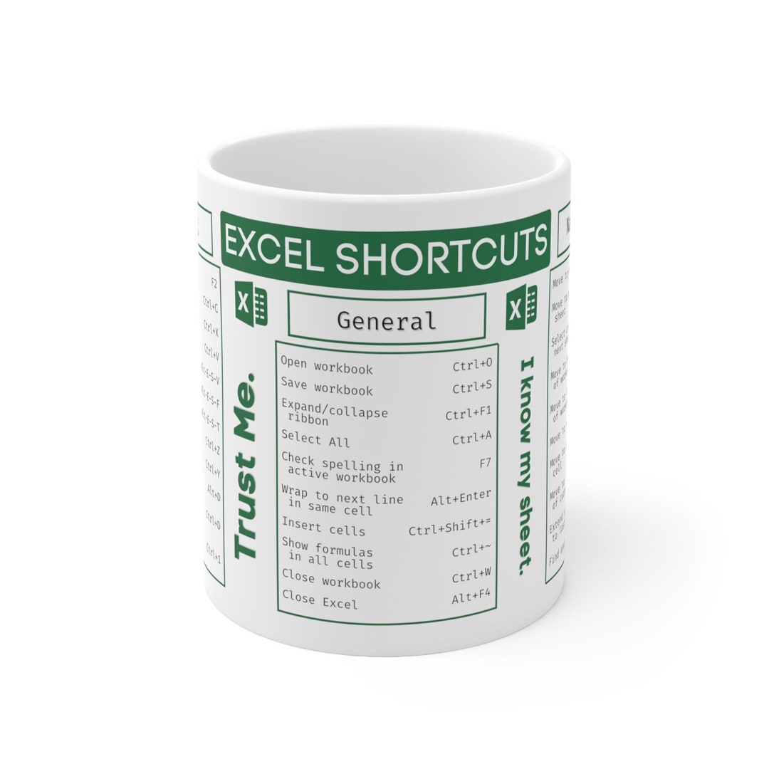 Excel Shortcuts Mug, Excel Cheat Sheet Mug, Excel Spreadsheet Mug ...