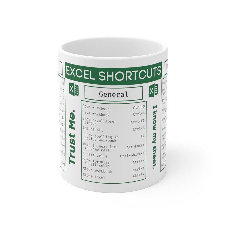 Excel Shortcuts Mug, Excel Cheat Sheet Mug, Excel Spreadsheet Mug ...