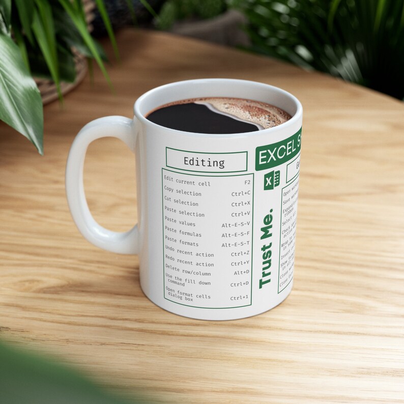 Excel Shortcuts Mug, Excel Cheat Sheet Mug, Excel Spreadsheet Mug ...