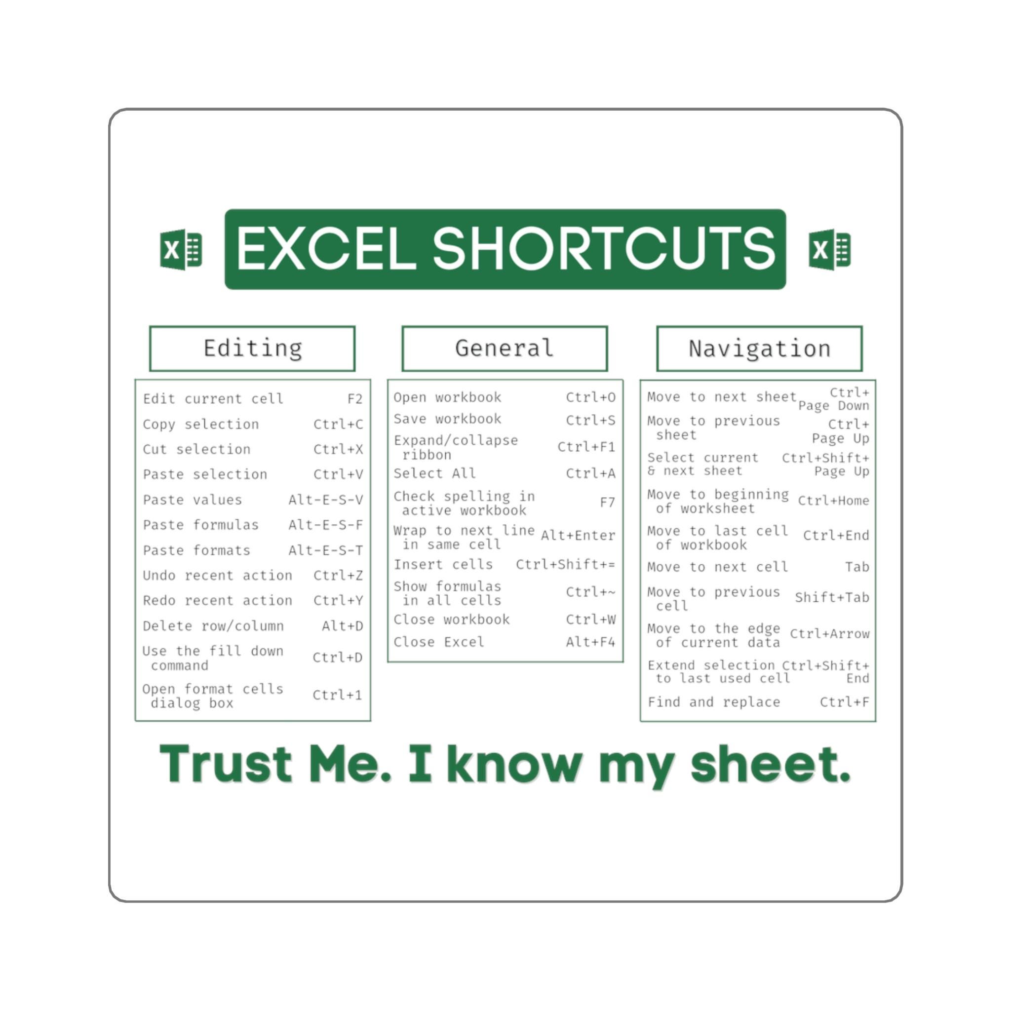 Excel Keyboard Shortcuts Stickers - Appreciation Gift for Accountant ...