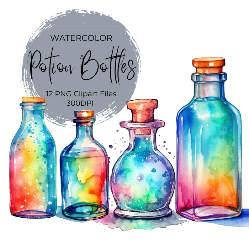 Watercolor Potion Bottles Clipart, Rainbow Bottles, Magic Clipart ...