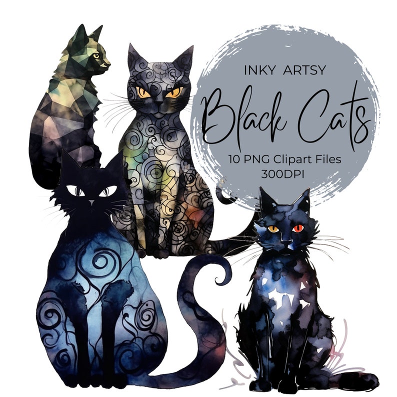 Inky Artsy Black Cats Clipart Halloween Clipart Black Cat - Etsy