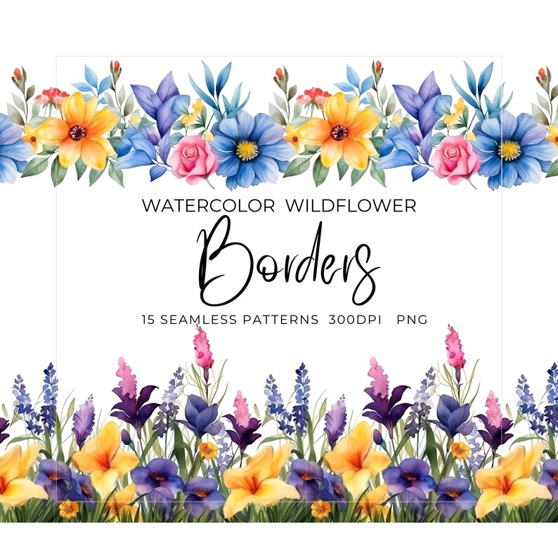 Watercolor Wildflower Seamless Borders, PNG, Wildflower Clipart ...