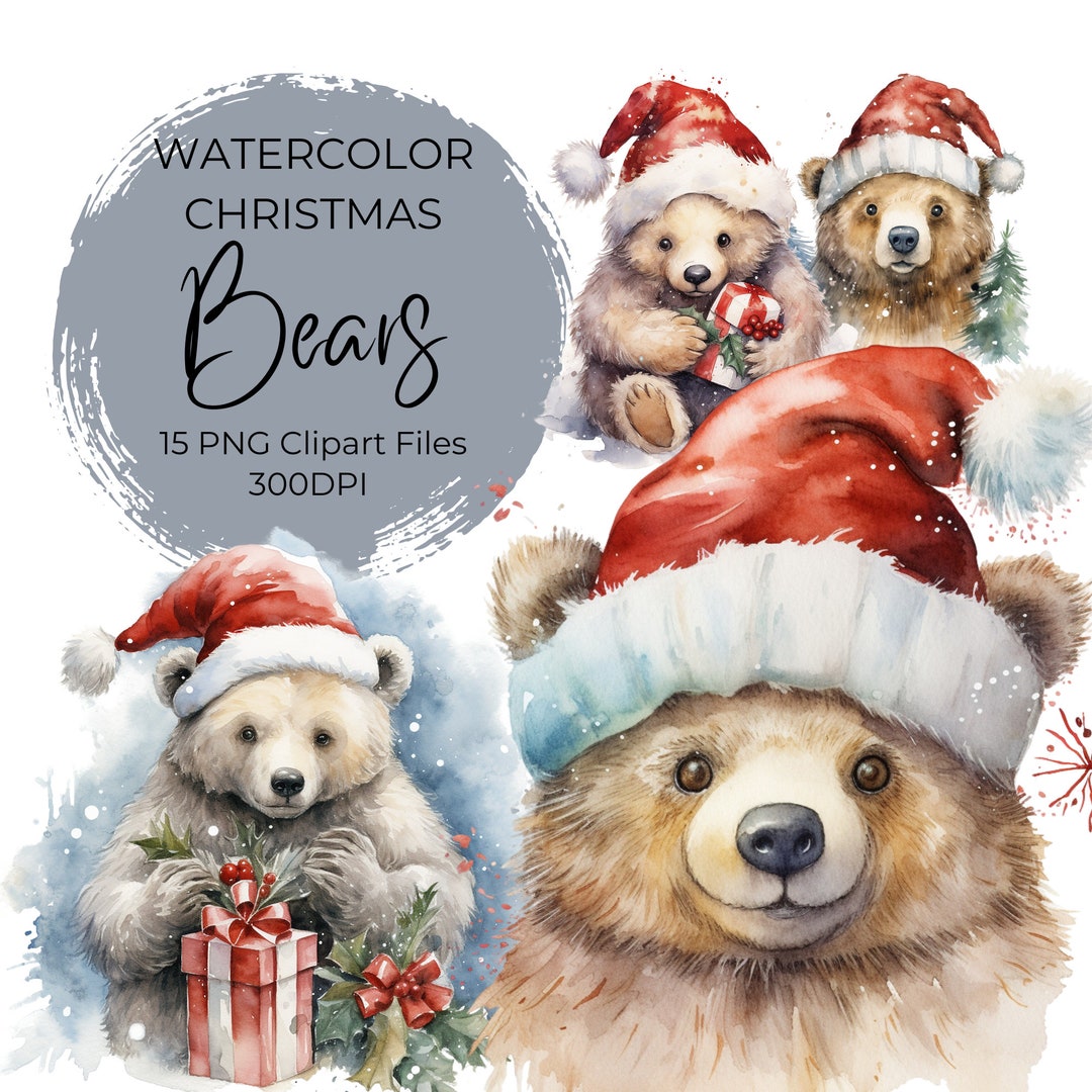 Watercolor Christmas Bears, Watercolor Clipart, Christmas Scrapbooking ...