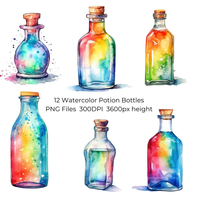 Watercolor Potion Bottles Clipart, Rainbow Bottles, Magic Clipart ...