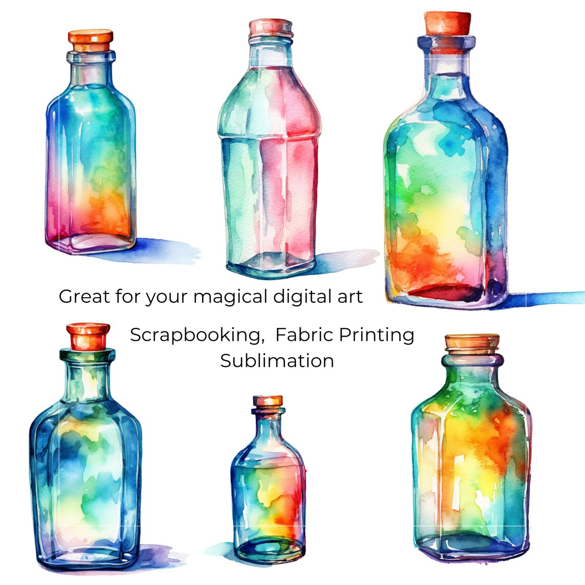 Watercolor Potion Bottles Clipart, Rainbow Bottles, Magic Clipart ...