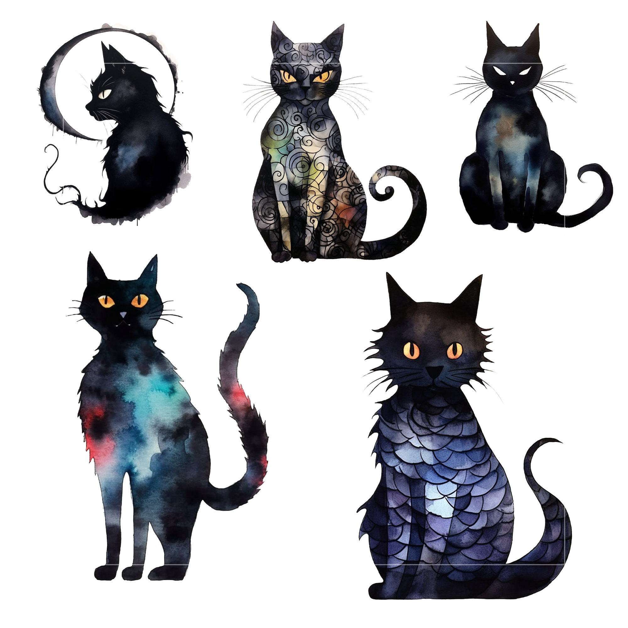Inky Artsy Black Cats Clipart Halloween Clipart Black Cat - Etsy