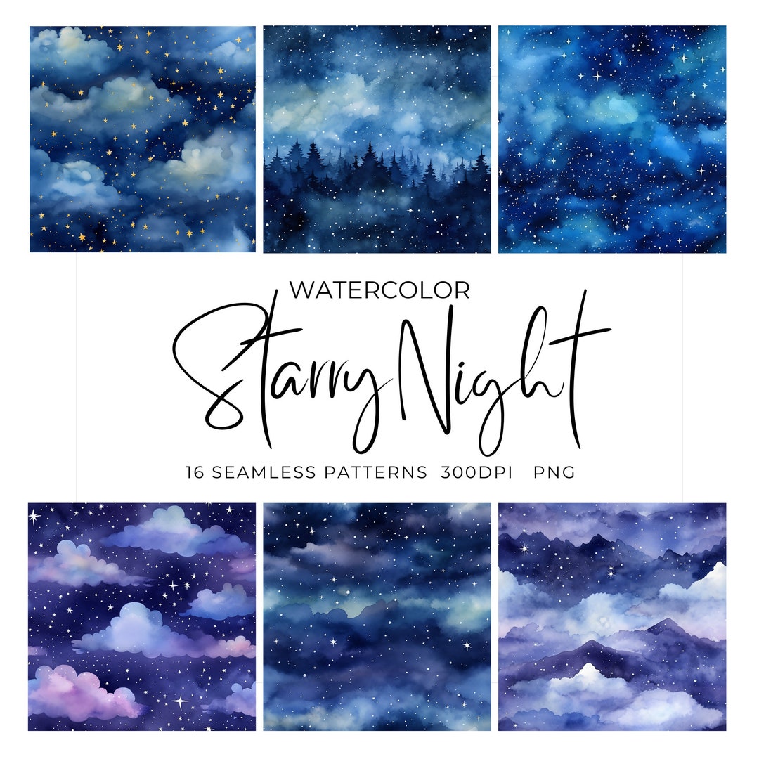 Starry Night Seamless Watercolor Patterns, Star Background, Watercolour ...