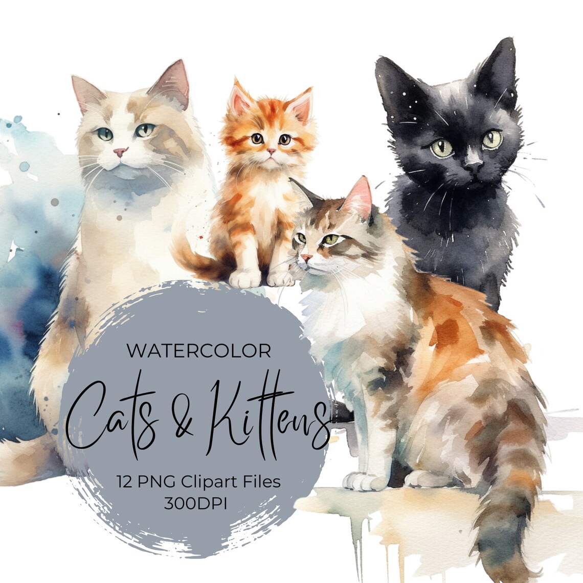 Watercolor Cats and Kittens Clipart PNG Transparent - Etsy