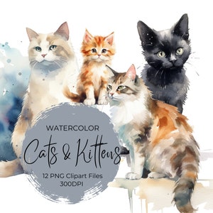 Watercolor Cats and Kittens Clipart, PNG, Transparent Background, Cat ...