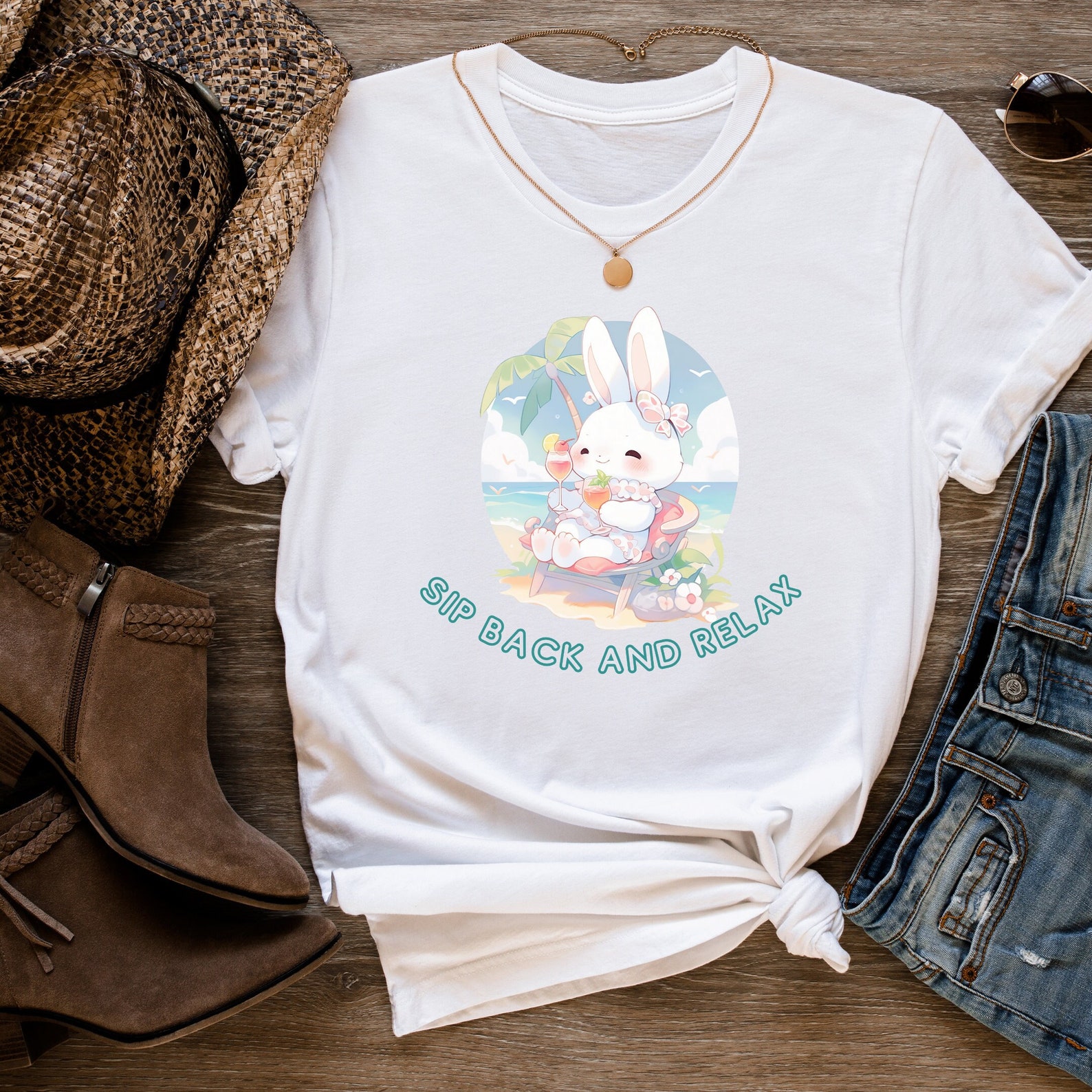 Cute Bunny Shirt Sip Back & Relax T Shirt Beach Cocktails Bunny Tee for ...