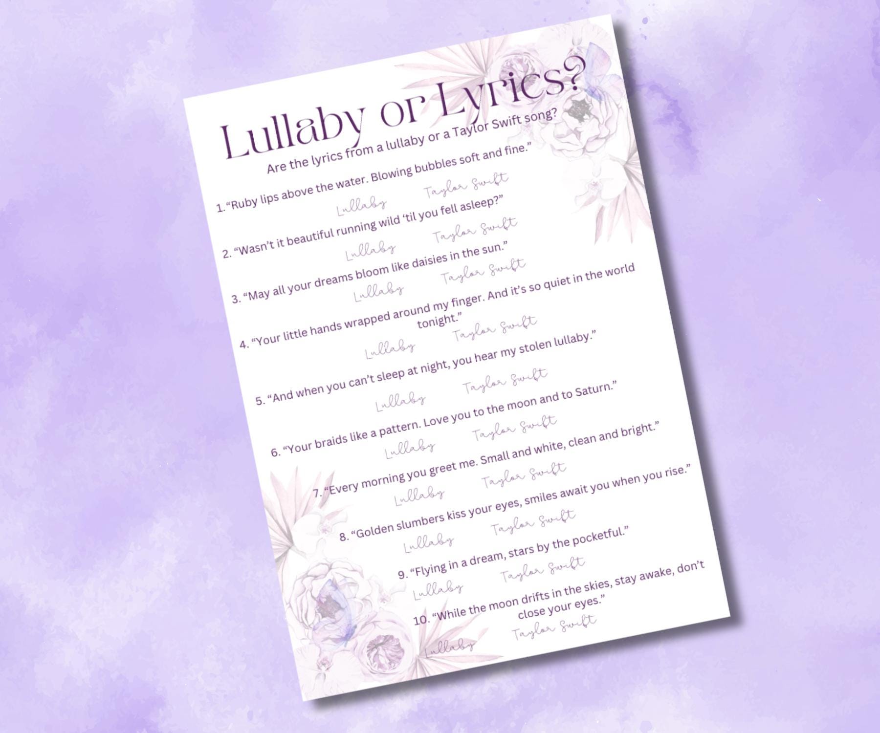 Lullaby or Lyrics, Printable Taylor Swift Baby Shower Game With Answer ...