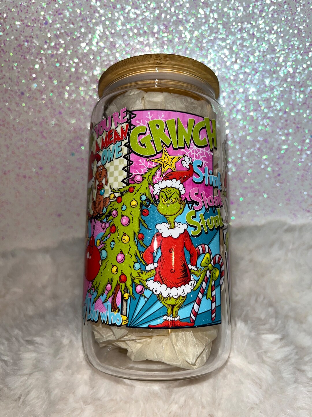 Classic Grinch Christmas 16oz Glass Beer Can With Bamboo Lid Christmas ...