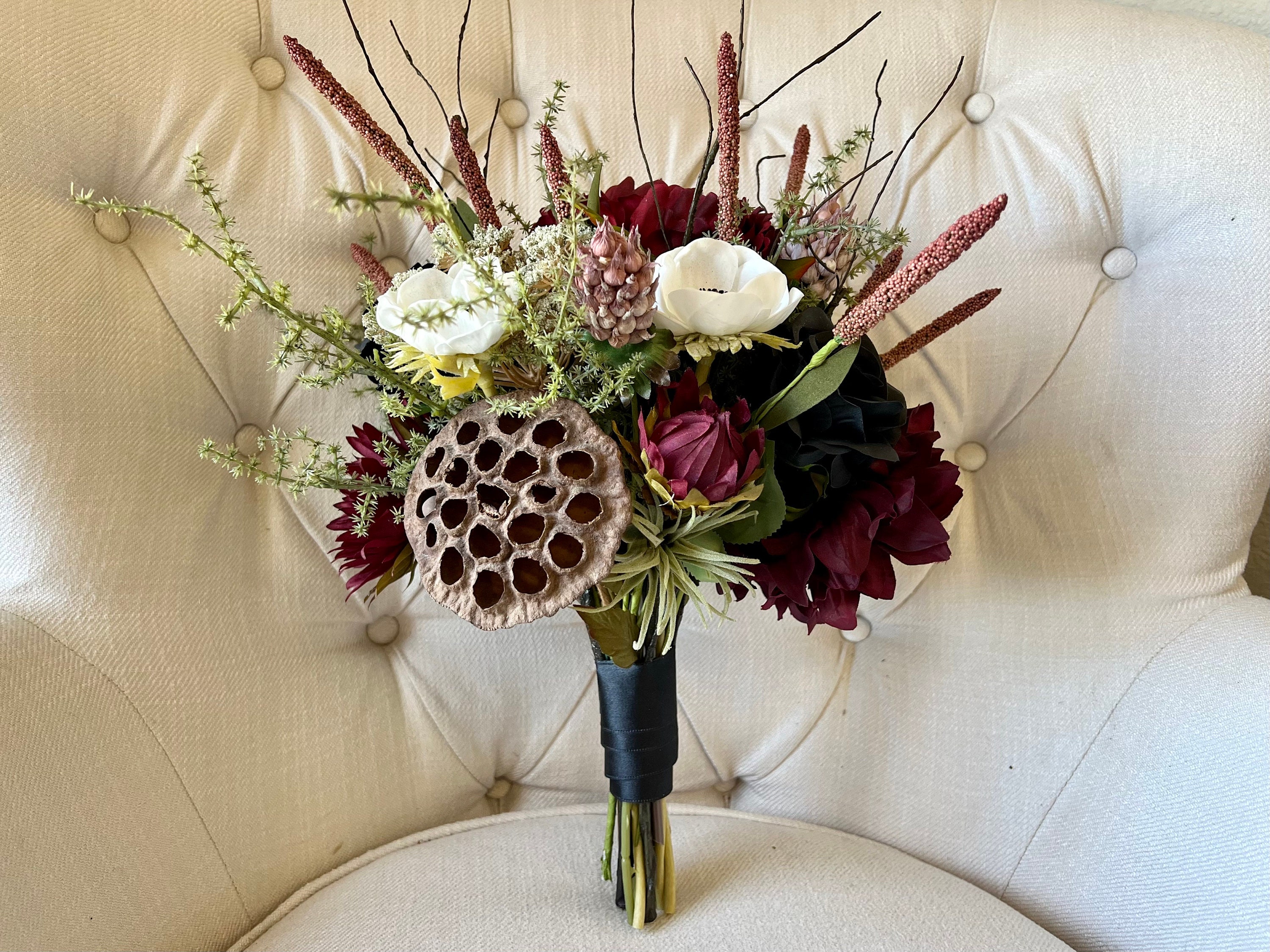 Boho/goth Bridal Bouquet Plus Boutt. Black Roses Greenery & Anemone ...
