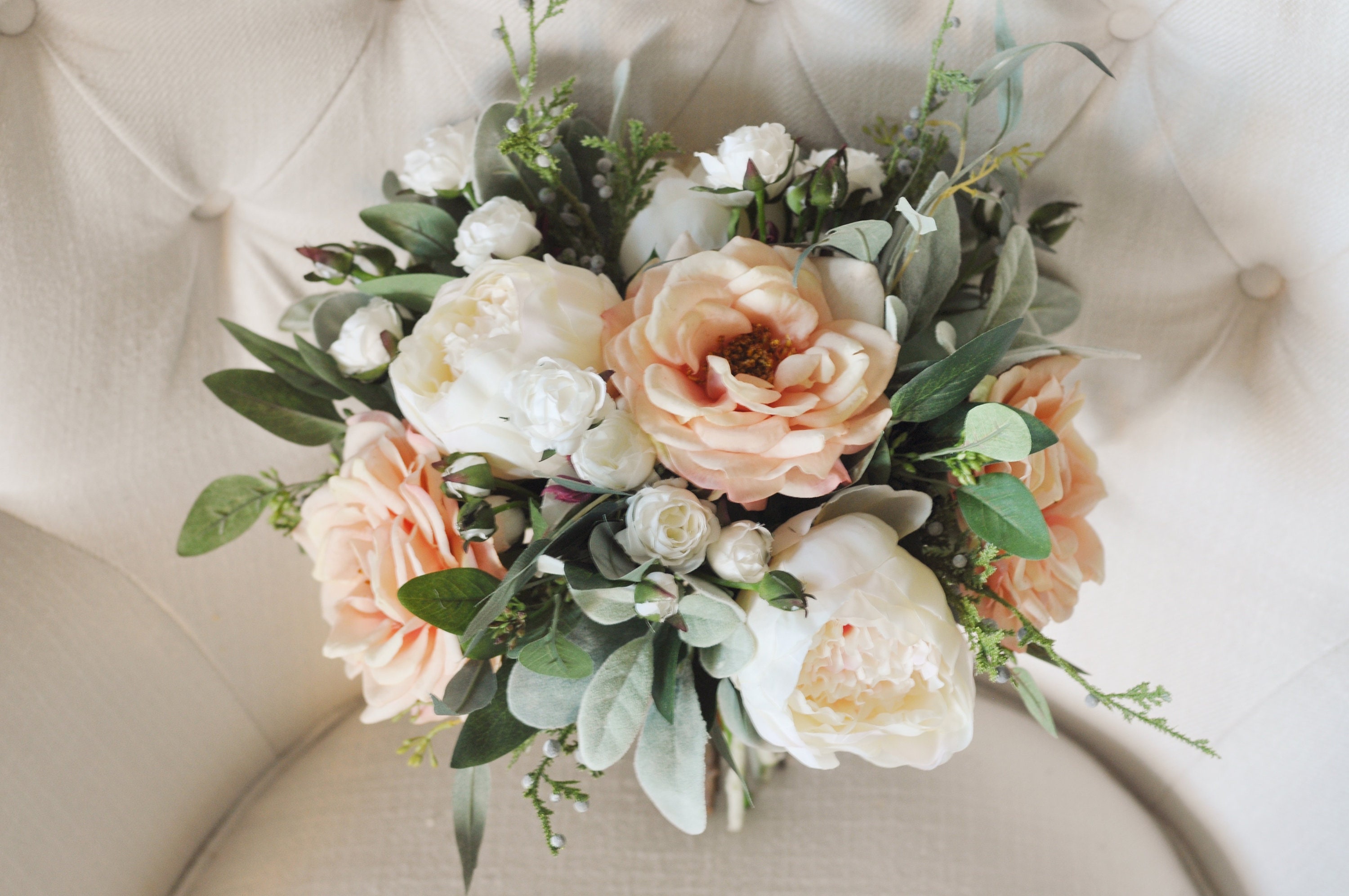 Peach Roses, Pink Peonies Bridal Bouquet Juniper Berries Lush Greenery ...