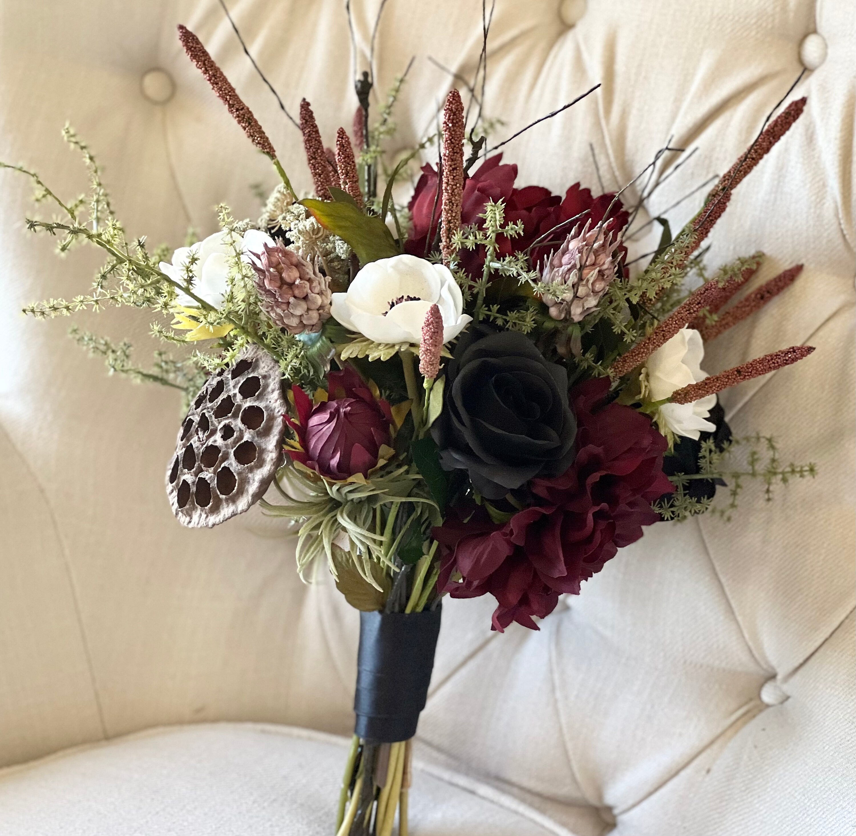 Boho/goth Bridal Bouquet Plus Boutt. Black Roses Greenery & Anemone ...