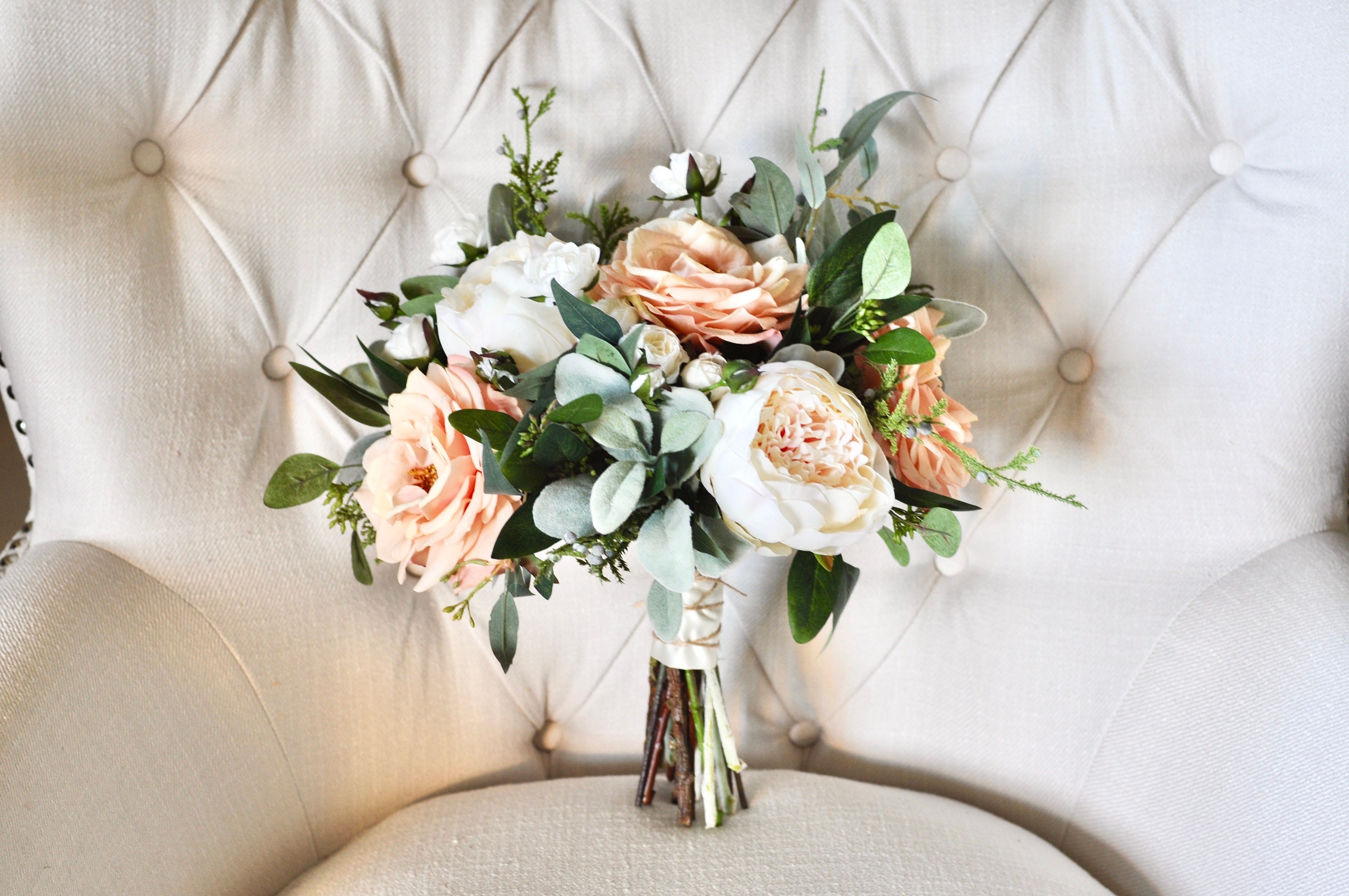 Peach Roses, Pink Peonies Bridal Bouquet Juniper Berries Lush Greenery ...