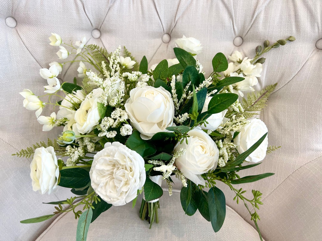 Elegant White English Roses and Ranunculus With Seeded Eucalyptus and ...