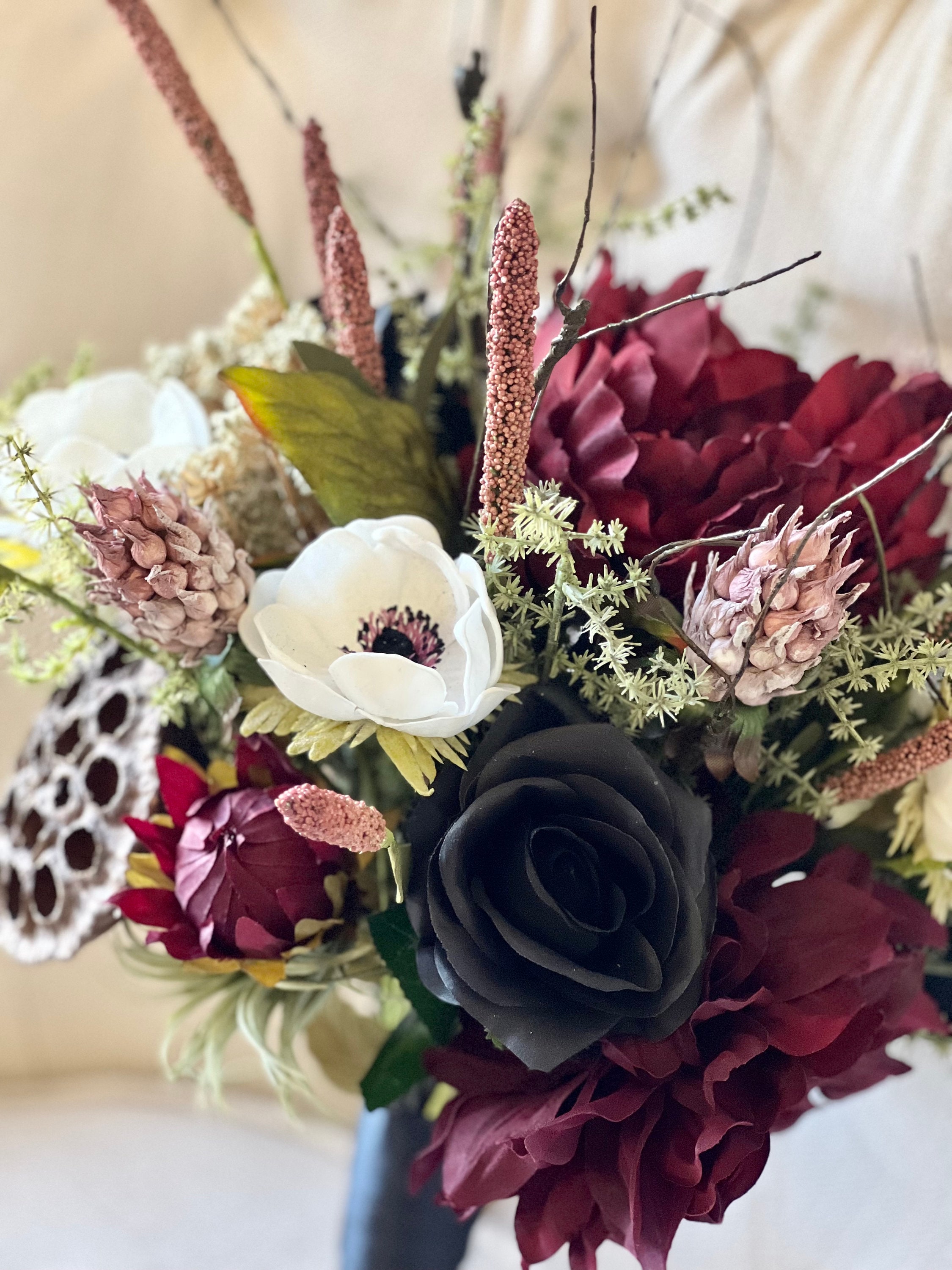 Boho/goth Bridal Bouquet Plus Boutt. Black Roses Greenery & Anemone ...