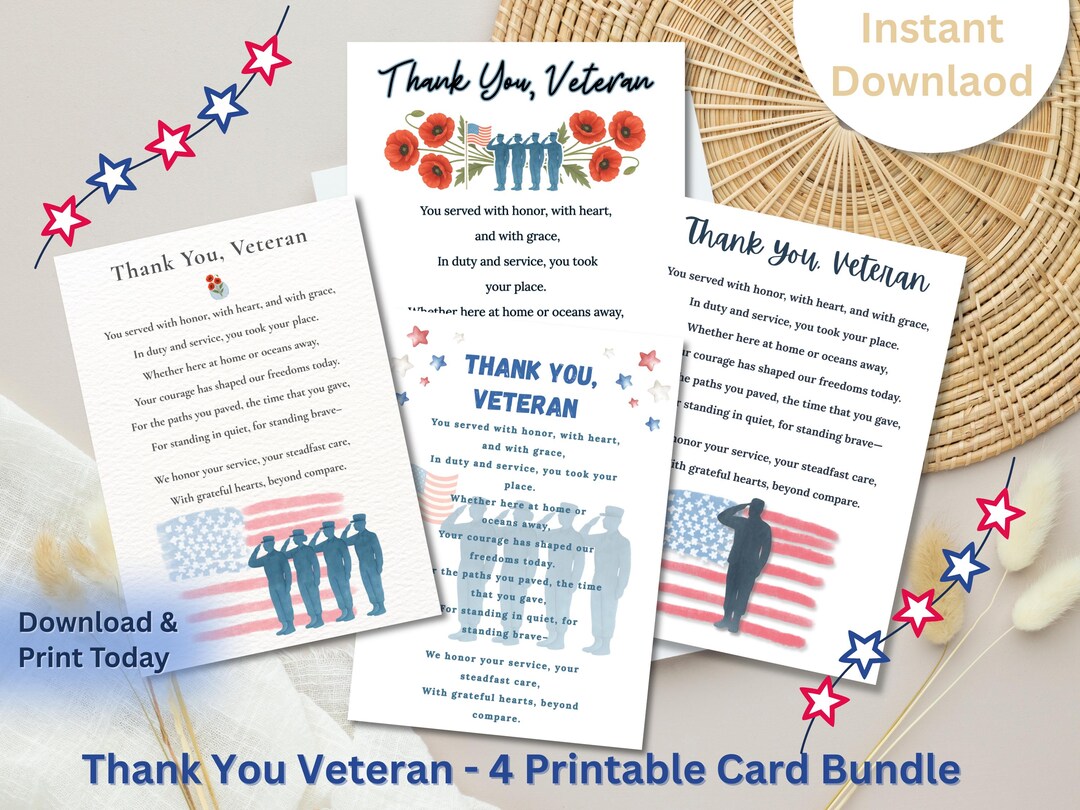 Printable Veterans Thank You Cards | Patriotic Card Bundle With Poems ...