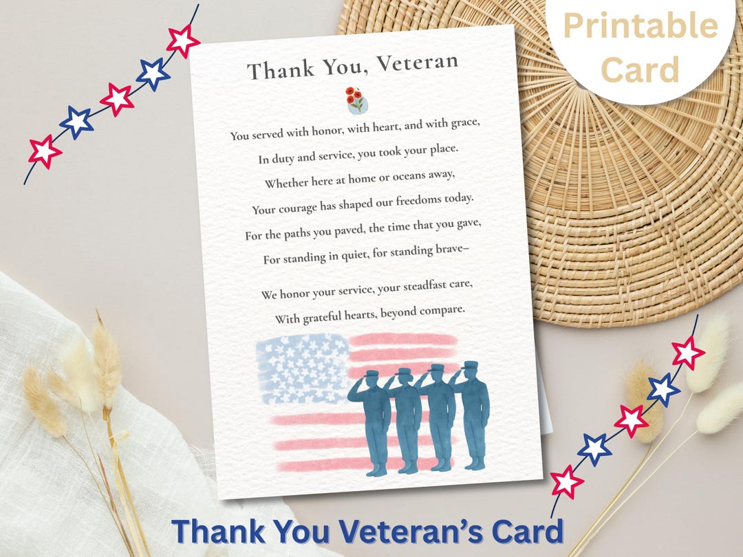 Watercolor Veteran Thank You Card | Patriotic Poem Printable Digital ...