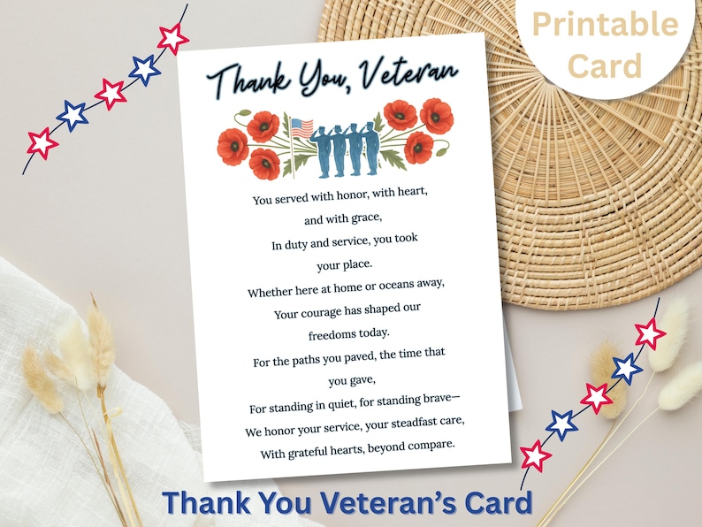 Patriotic Veteran Thank You Card | Printable Poppy Poem Digital ...
