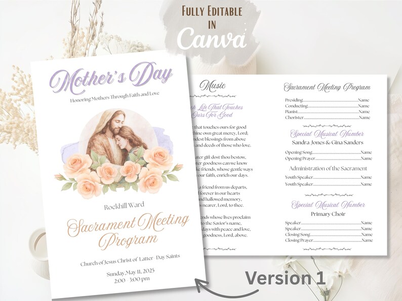 Editable LDS Mothers Day Program: Church Bulletin Canva Template - Etsy
