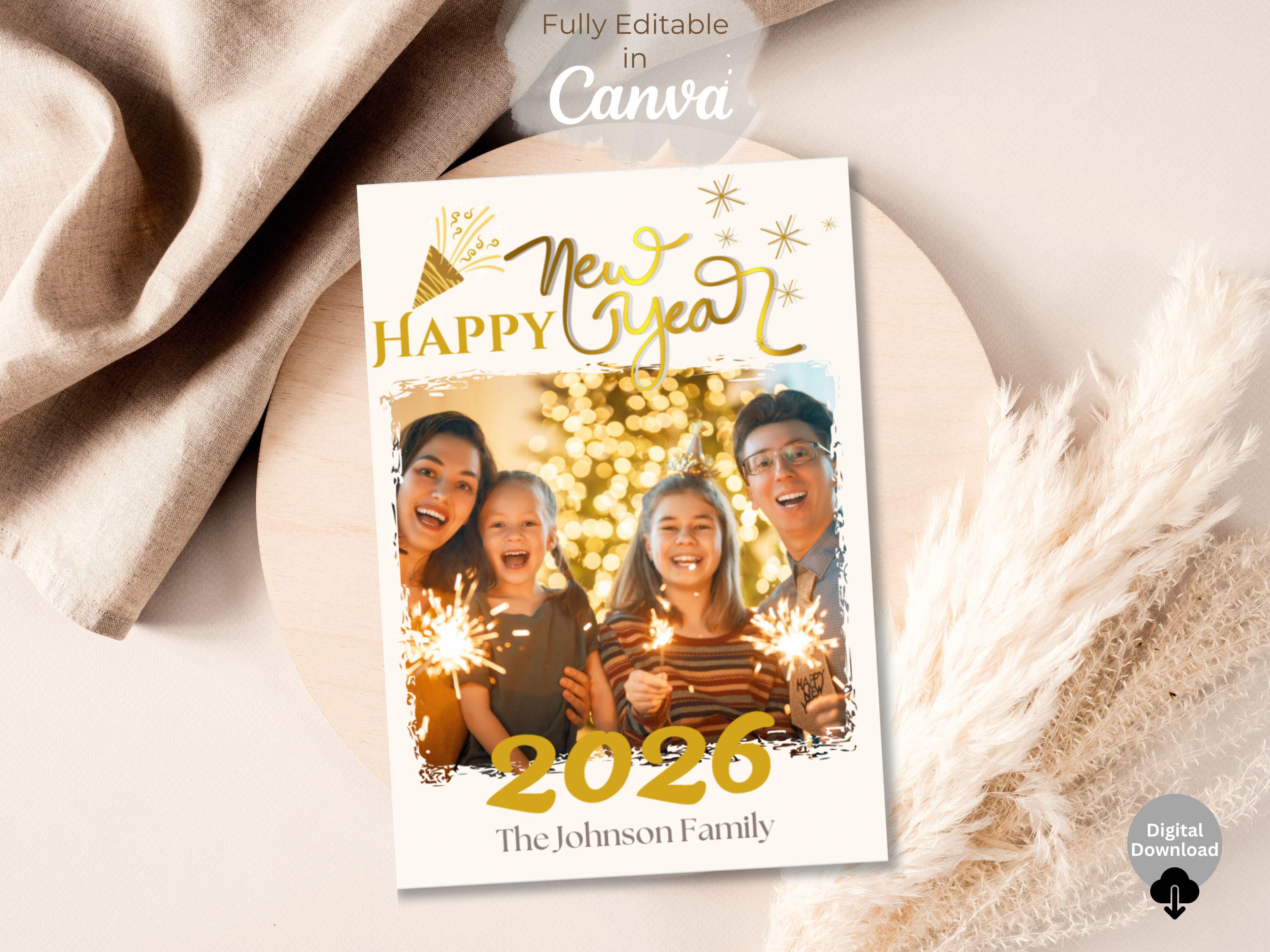 New Year Photo Card 2026 | Editable Canva Holiday Template | Printable ...