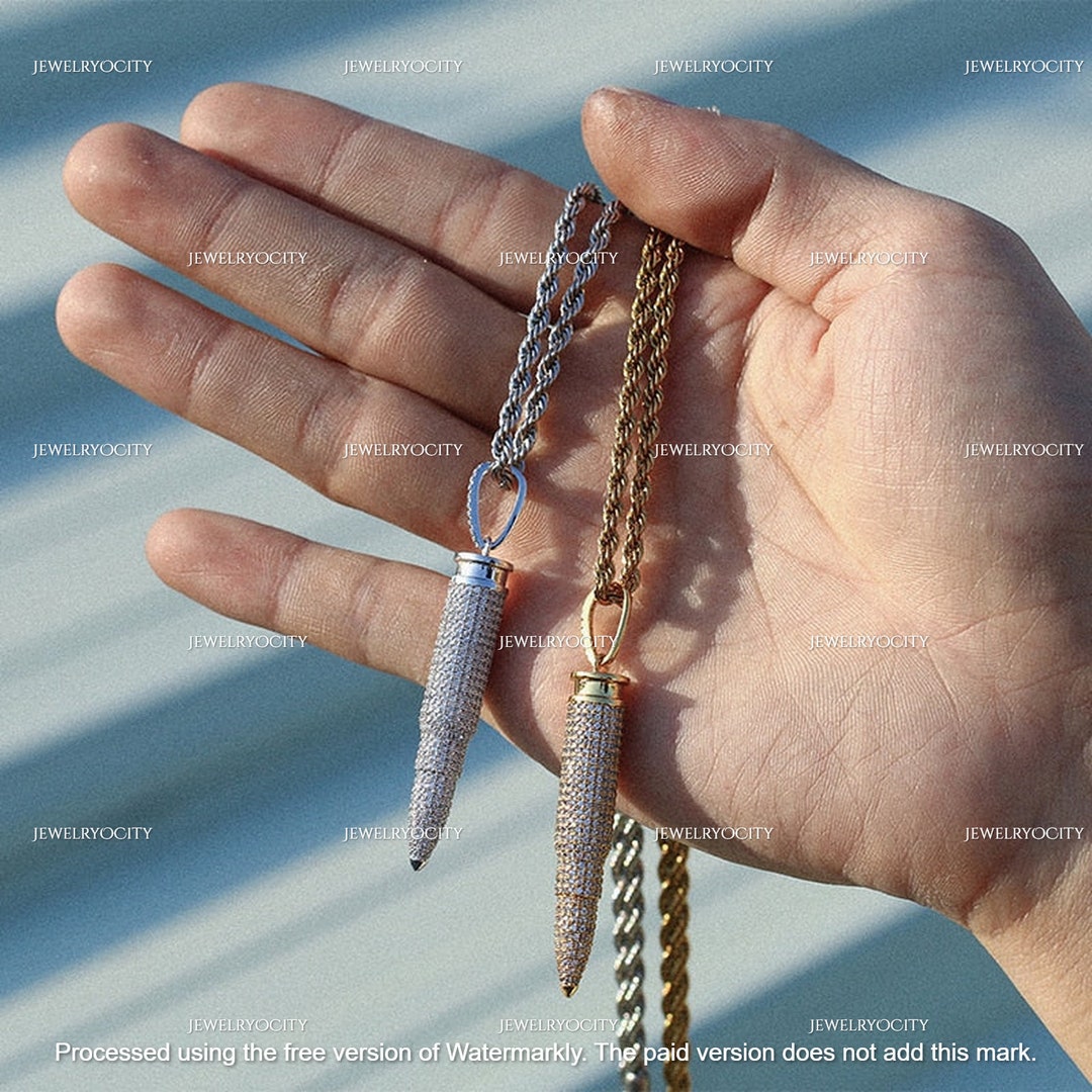 Diamond Bullet Pendant 14K Gold Finish Pendant Rifle Bullet Charm ...