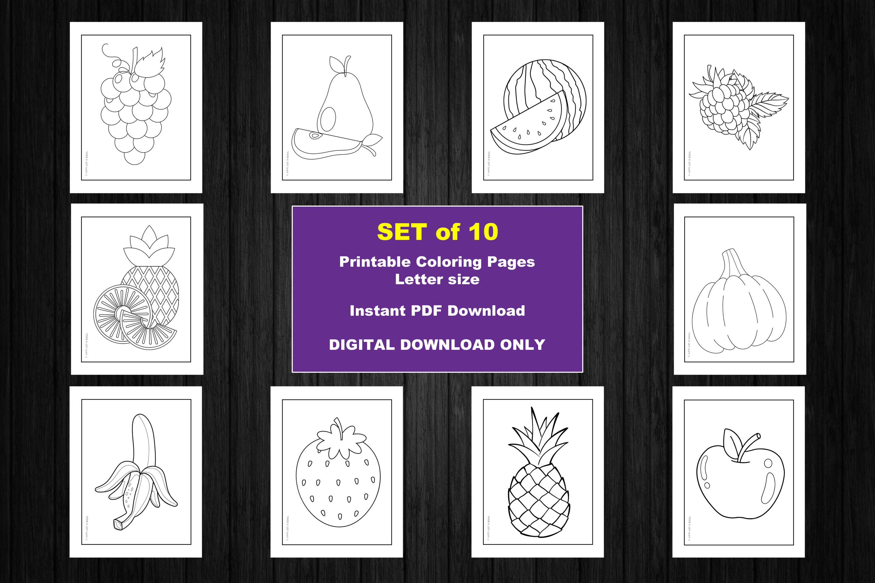Set of 10 Printable Fruits Coloring Pages for Kids. Perfect for Kids ...